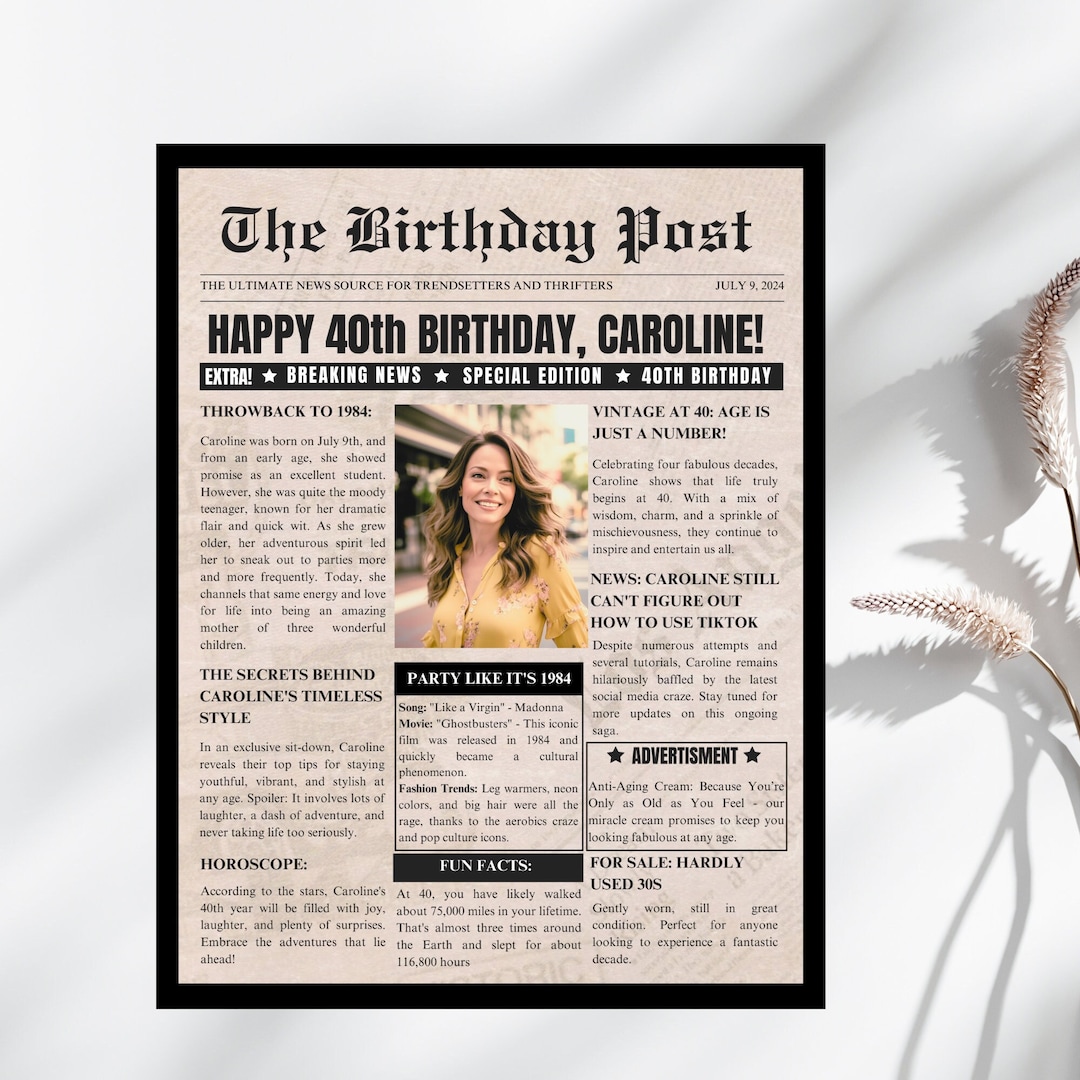 Personalized 40th Birthday Newspaper Poster, 40th Birthday Gift, 40th ...
