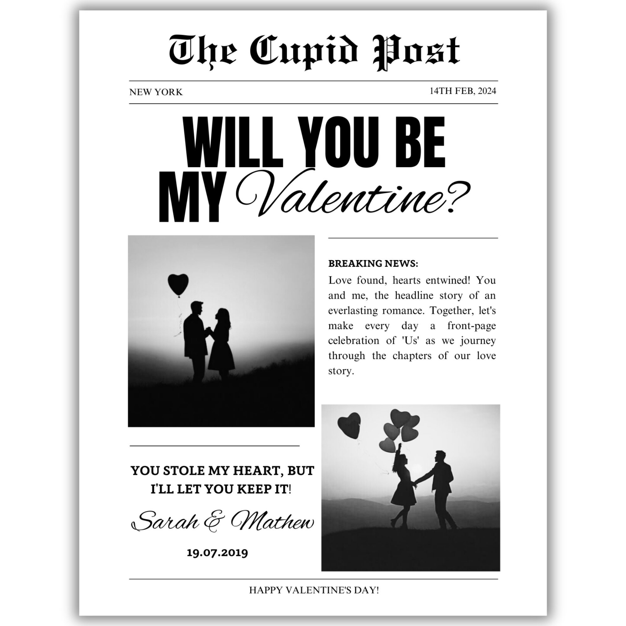 Personalised Valentines Cupid Post Newspaper Page | Will You Be My ...