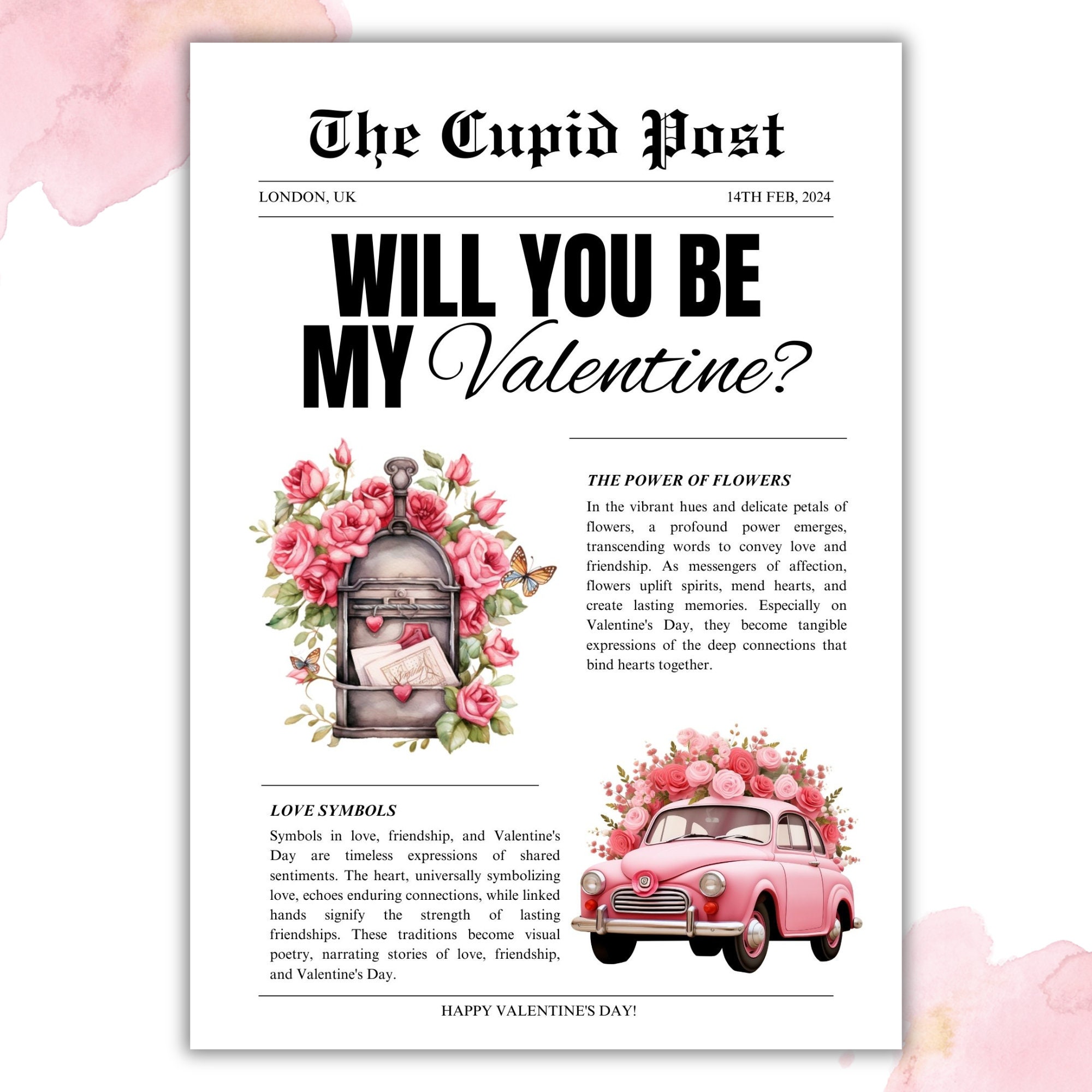 Valentines Cupid Post Newspaper Printable Flower Bouquet Wrap for ...