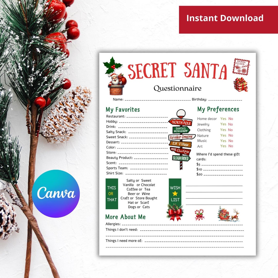 Secret Santa Questionnaire, Editable Gift Exchange Survey Template ...