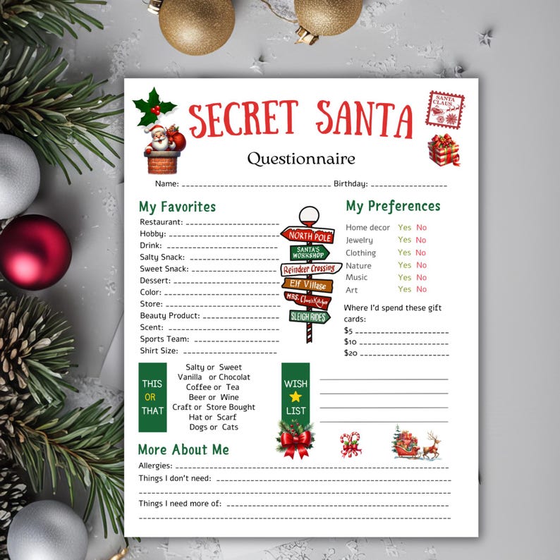 Secret Santa Questionnaire, Editable Gift Exchange Survey Template ...