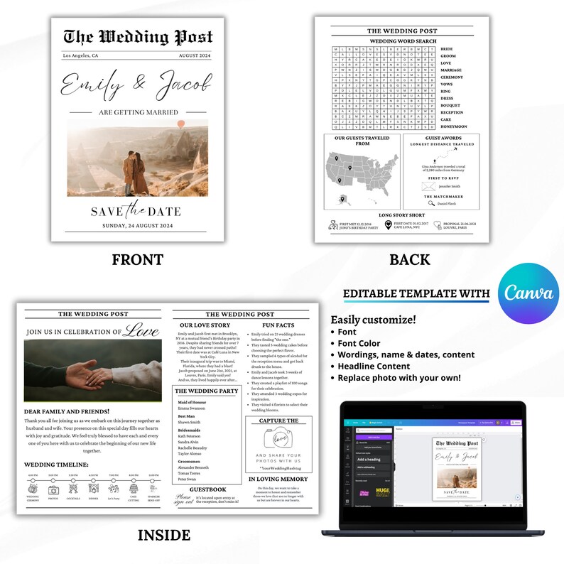 Newspaper Wedding Program Template Canva Editable Wedding Newspaper ...