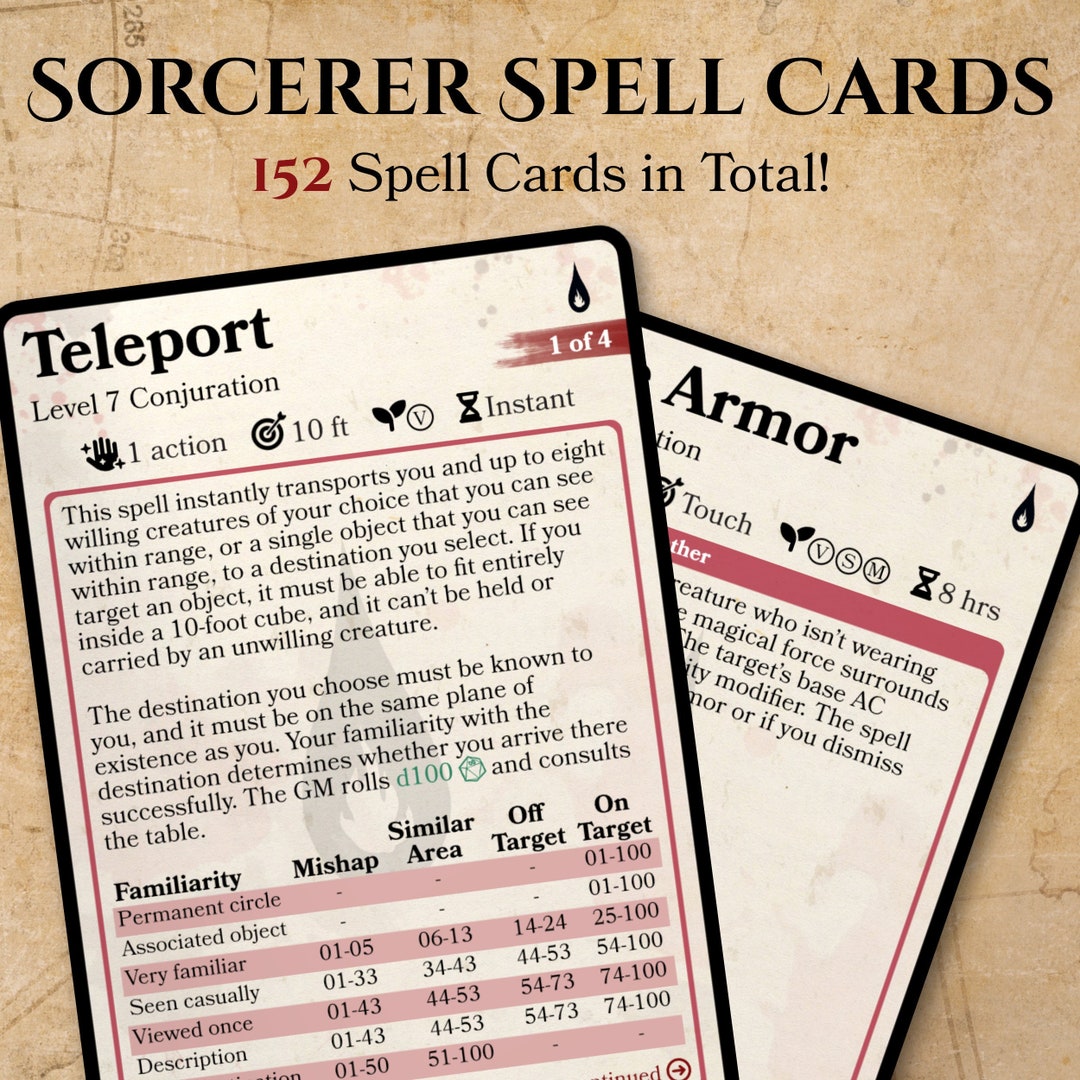 Sorcerer Dnd Spell Card Pack Digital Download D&D Spell Cards, Dnd ...