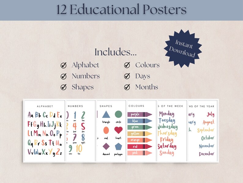 Homeschool Posters: Alphabet, Numbers, Shapes - Set of 6 (digital ...