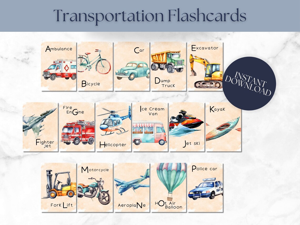 Transportation Alphabet Flash Cards A-Z Flashcard Printables Toddler ...