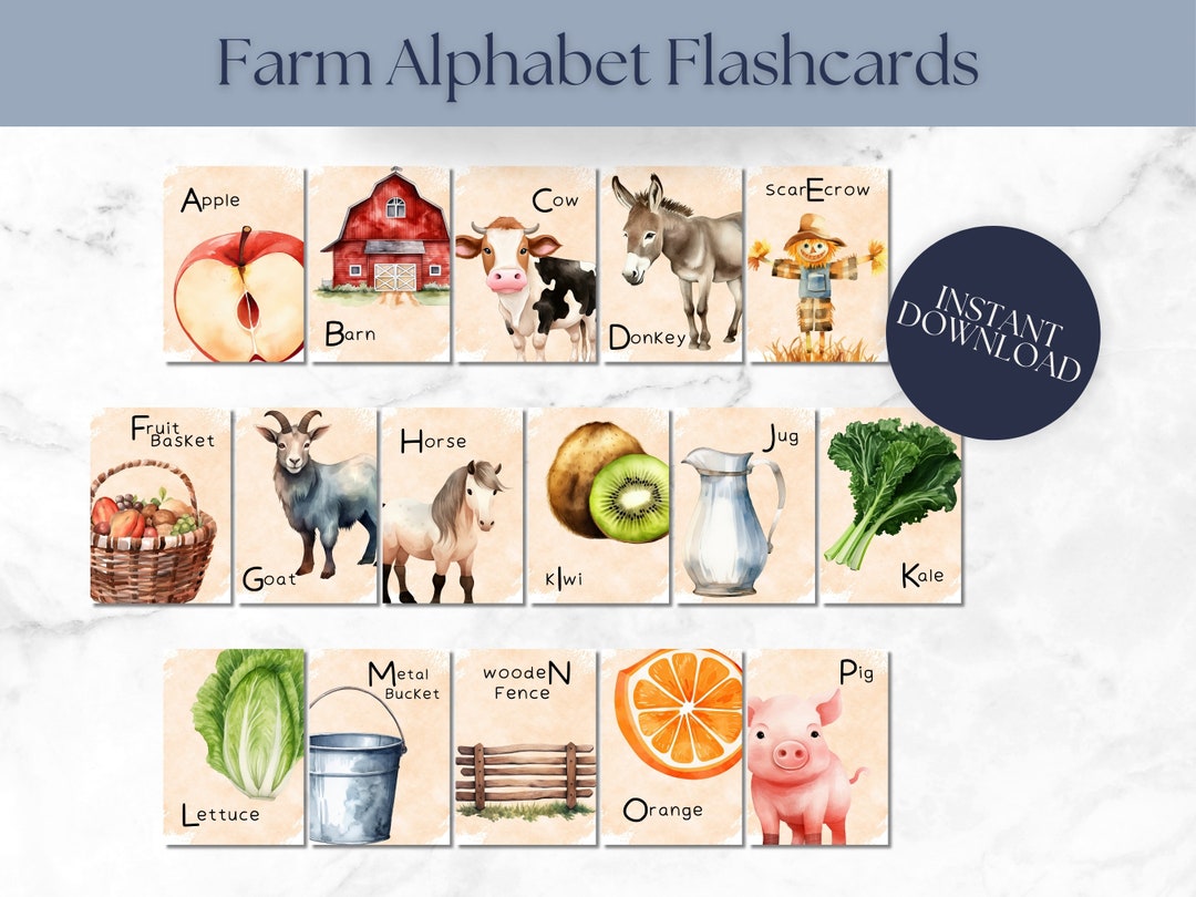 Farm Alphabet Flash Cards A-Z Flashcard Printables Toddler Flashcards ...