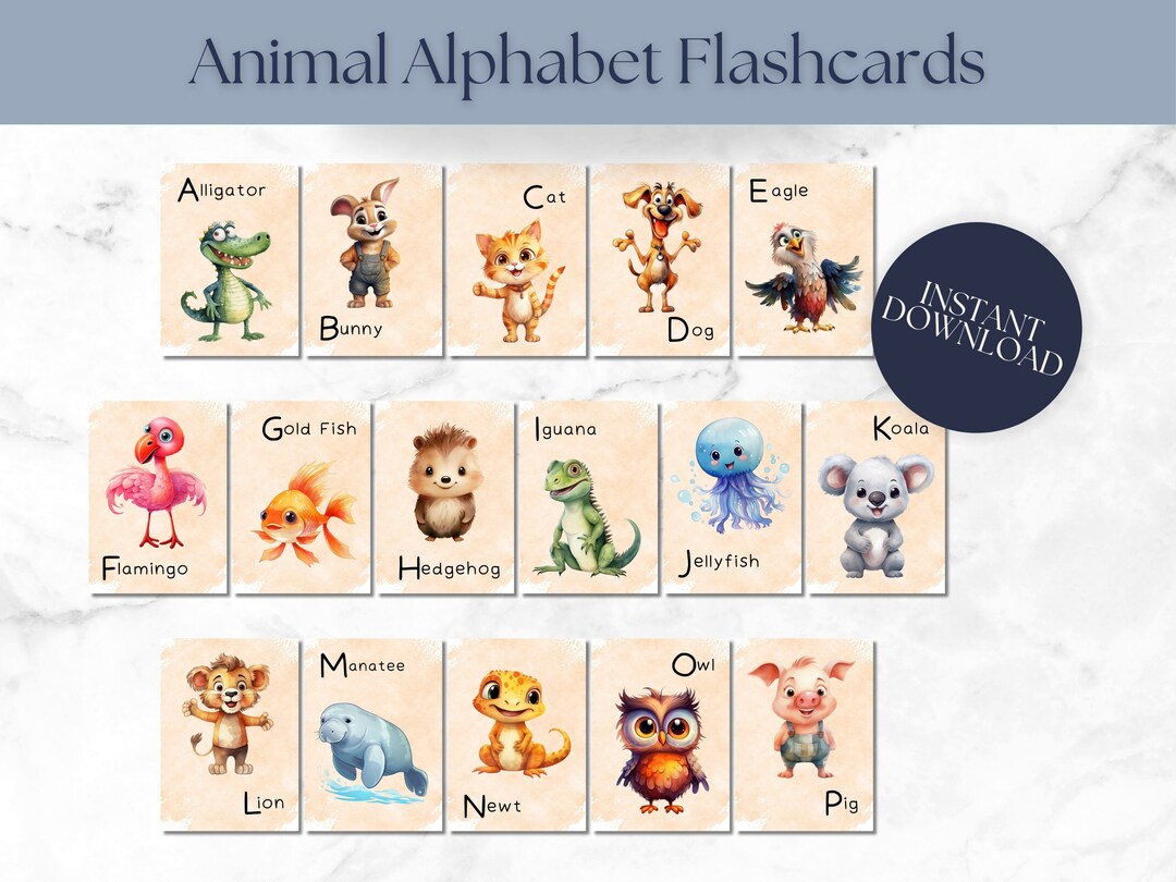 Animal Alphabet Flash Cards A-Z Flashcard Printables Toddler Flashcards ...