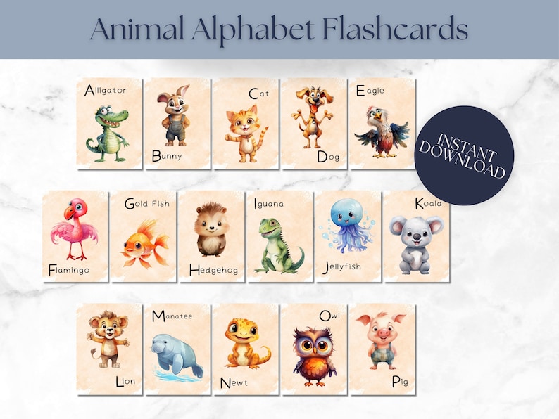 Animal Alphabet Flash Cards A-Z Flashcard Printables Toddler Flashcards ...