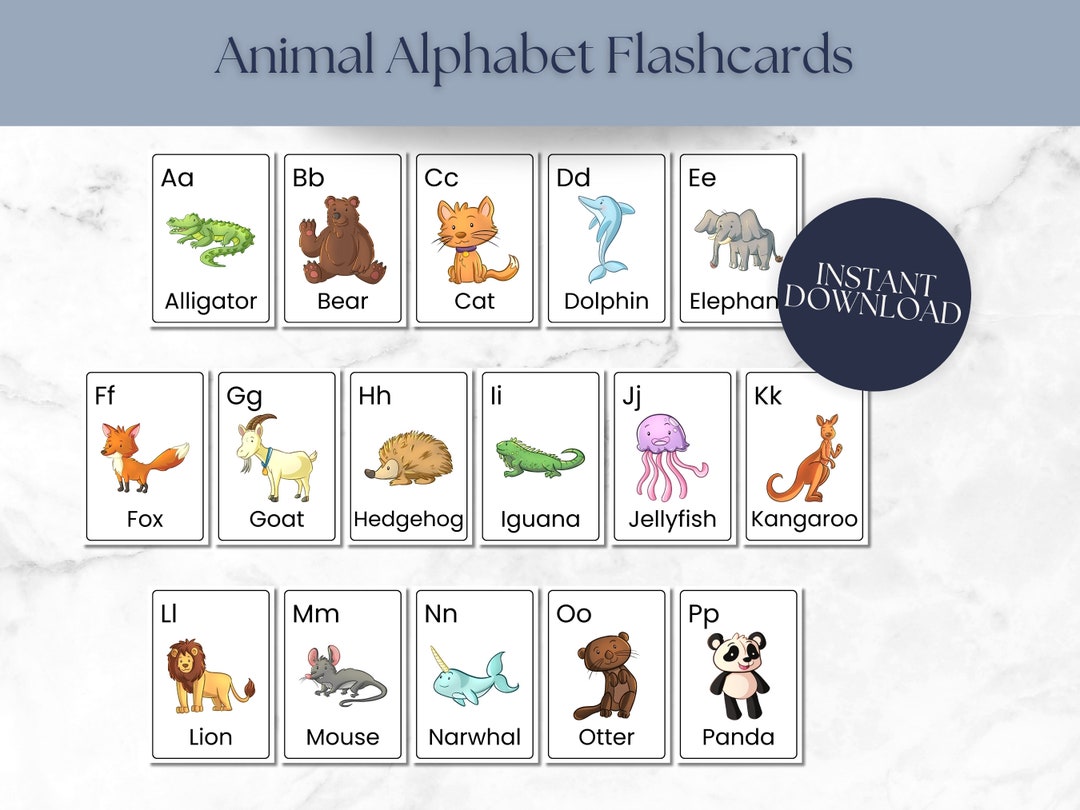 Animal Alphabet Flash Cards A-Z Flashcard Printables Toddler Flashcards ...