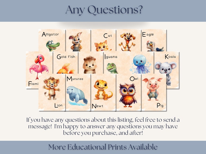 Animal Alphabet Flash Cards A-Z Flashcard Printables Toddler Flashcards ...