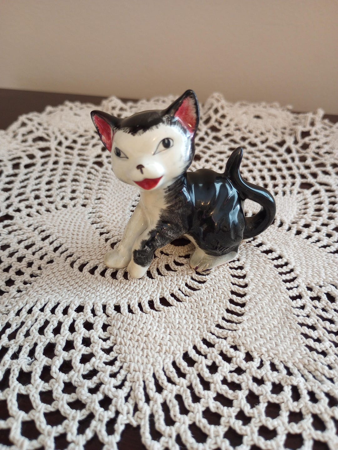 Figaro Cat Figurine Vintage Hand Painted Porcelain Black White Glossy ...
