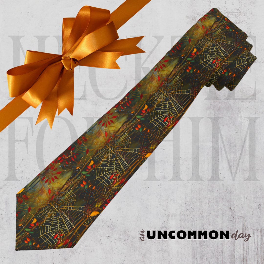 Spider Web Necktie With Autumn Foliage Gothic Halloween Tie for Men ...