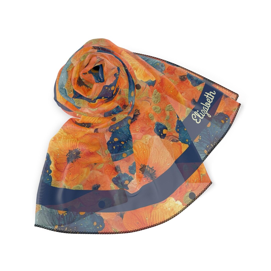 Personalized Floral Chiffon Scarf, Custom Name Scarf, Vibrant Blue and ...