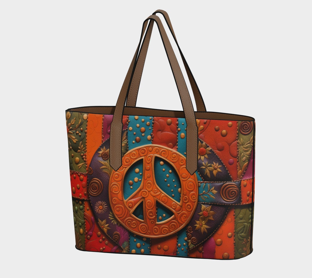 Tote Bag Aesthetic - Tooled Leather Peace Sign Shoulder Bag - Faux ...