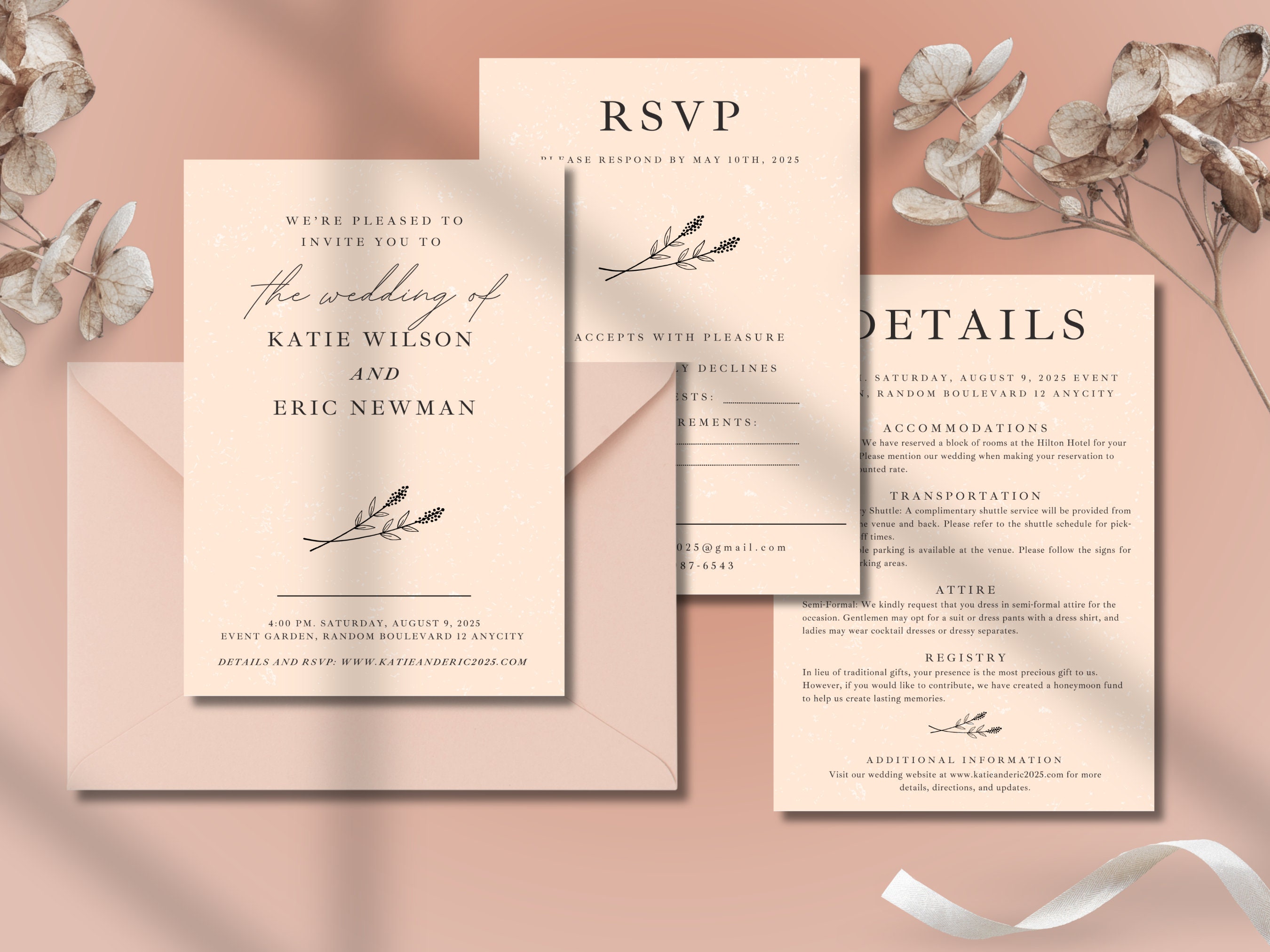 Rustic Peach Wedding Invitation Canva Template Bundle Elegant ...