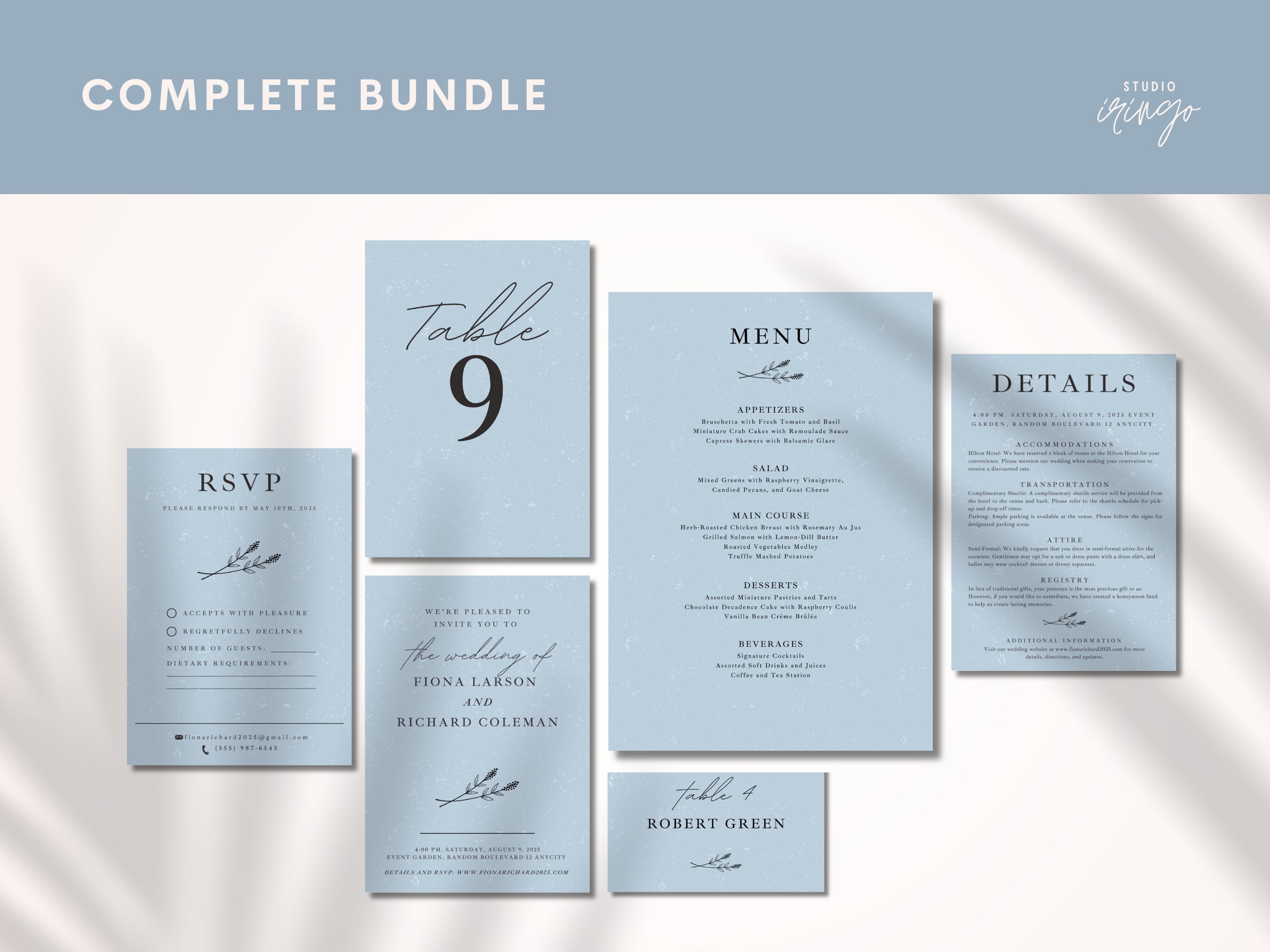 Rustic Pastel Blue Wedding Invitation Canva Template Bundle Elegant ...