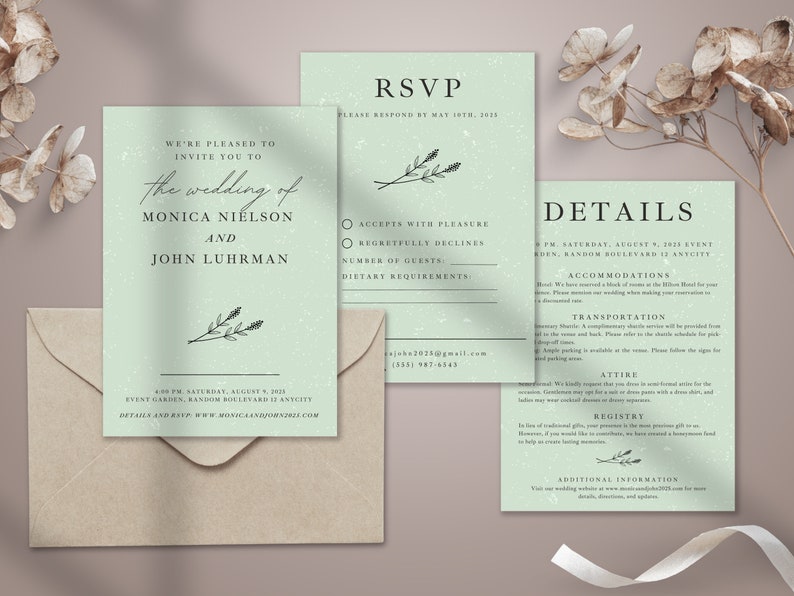 Rustic Green Wedding Invitation Canva Template Bundle Elegant ...