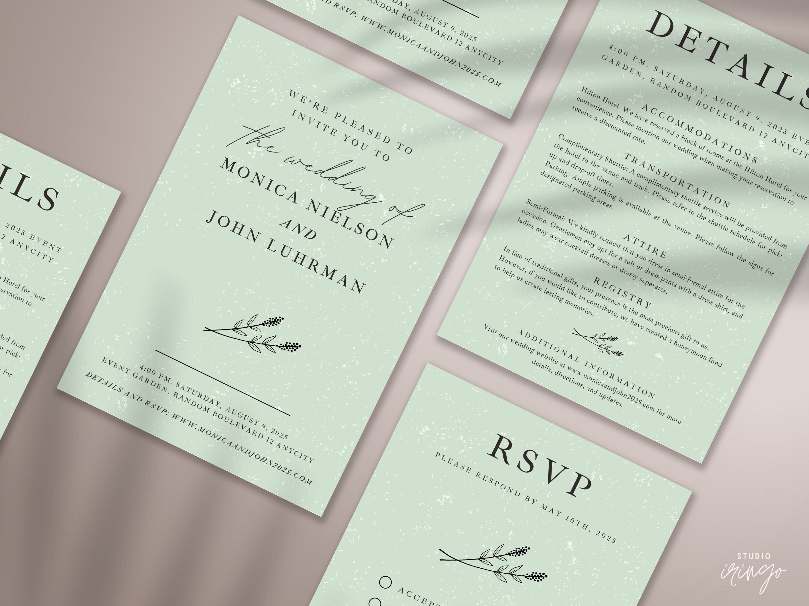 Rustic Green Wedding Invitation Canva Template Bundle Elegant ...