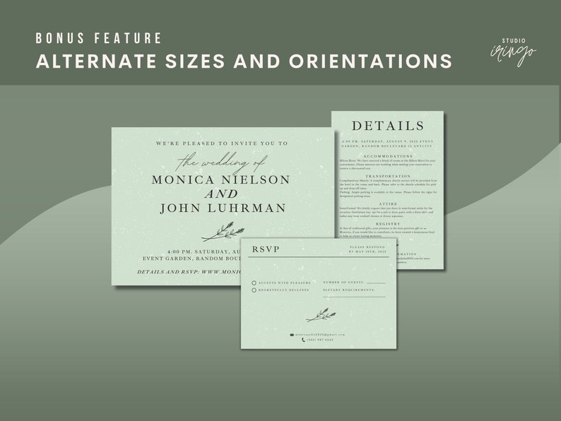 Rustic Green Wedding Invitation Canva Template Bundle Elegant ...