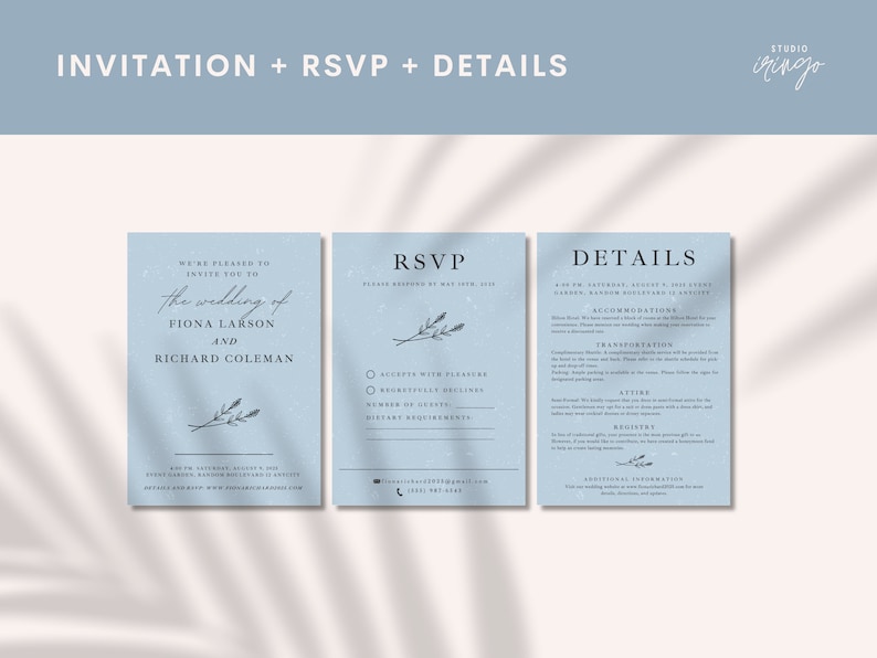 Rustic Pastel Blue Wedding Invitation Canva Template Bundle - Etsy