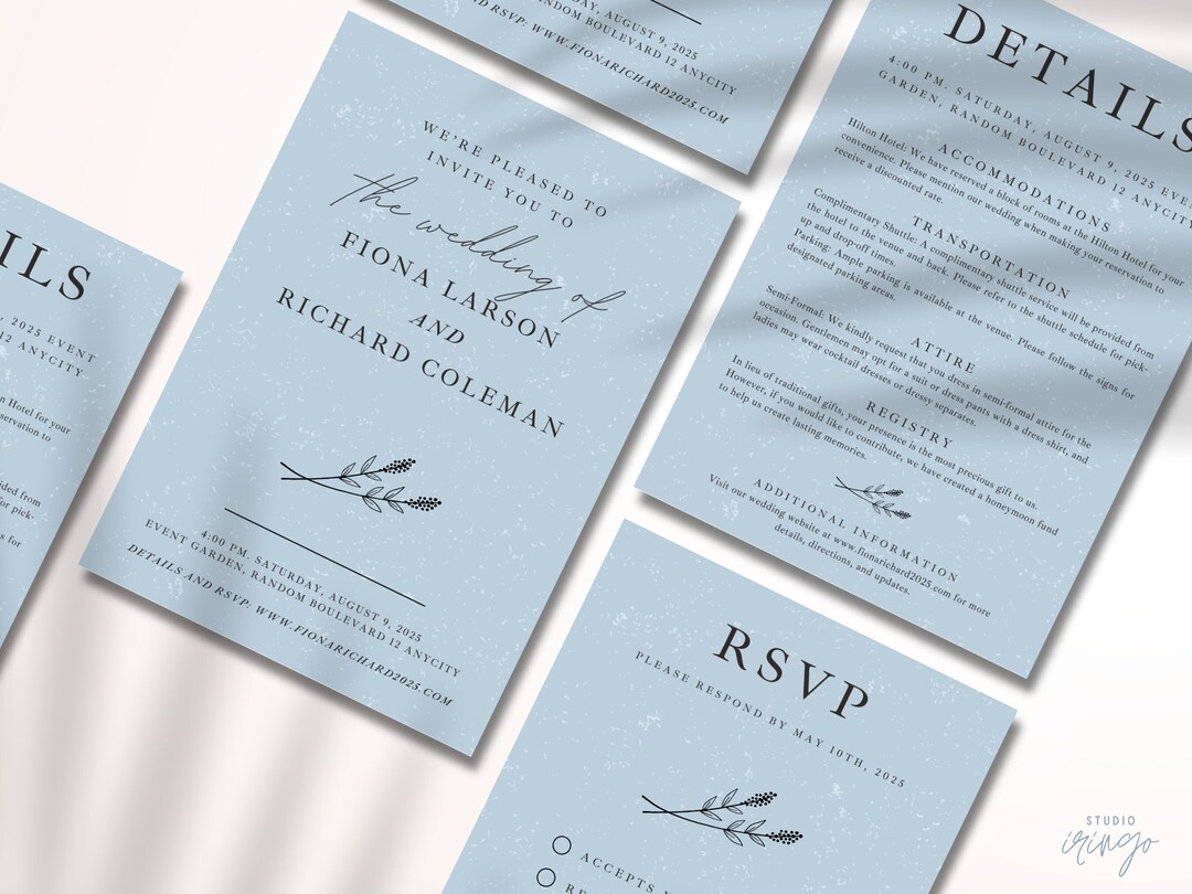 Rustic Pastel Blue Wedding Invitation Canva Template Bundle Elegant ...