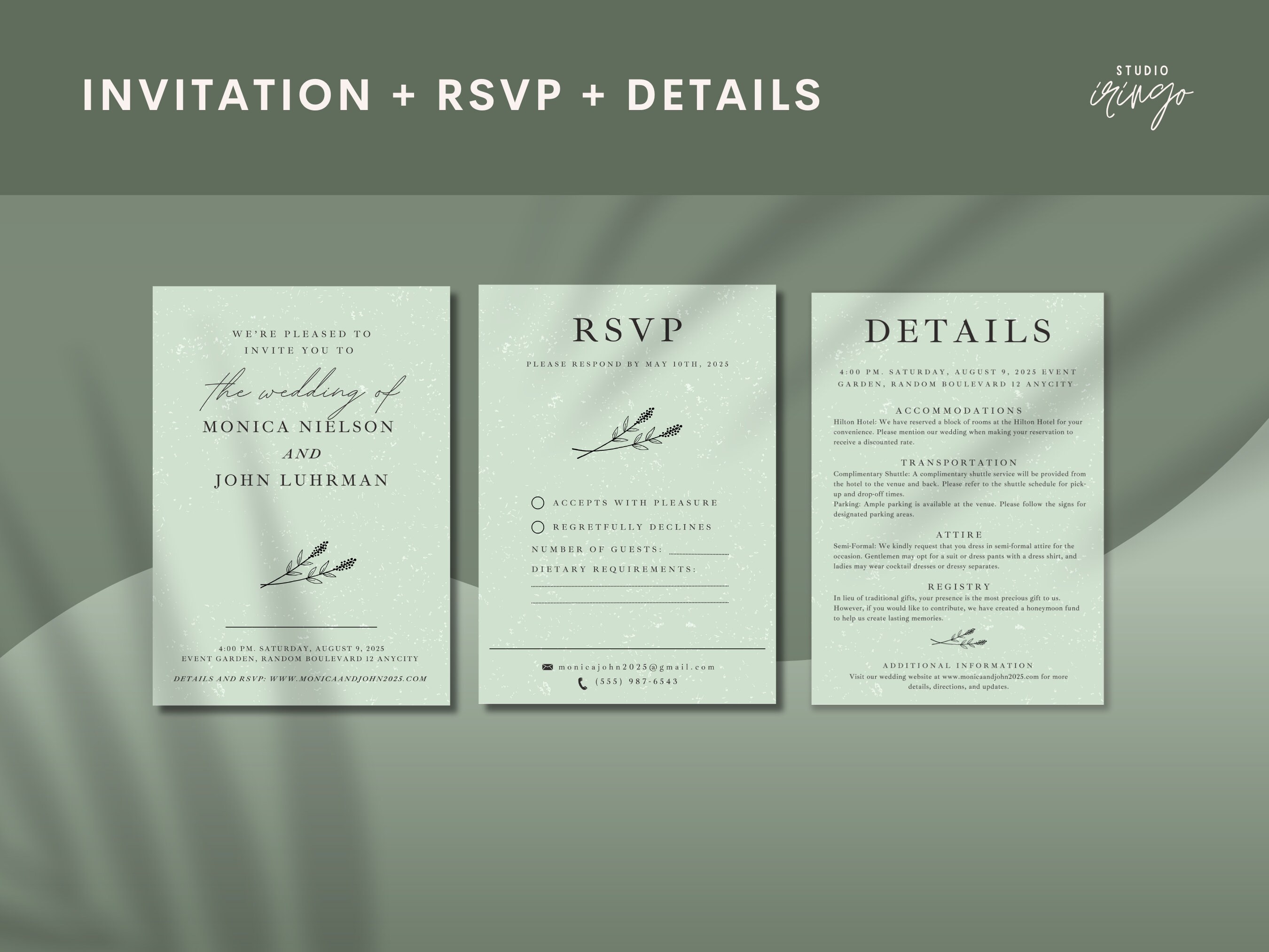 Rustic Green Wedding Invitation Canva Template Bundle Elegant ...