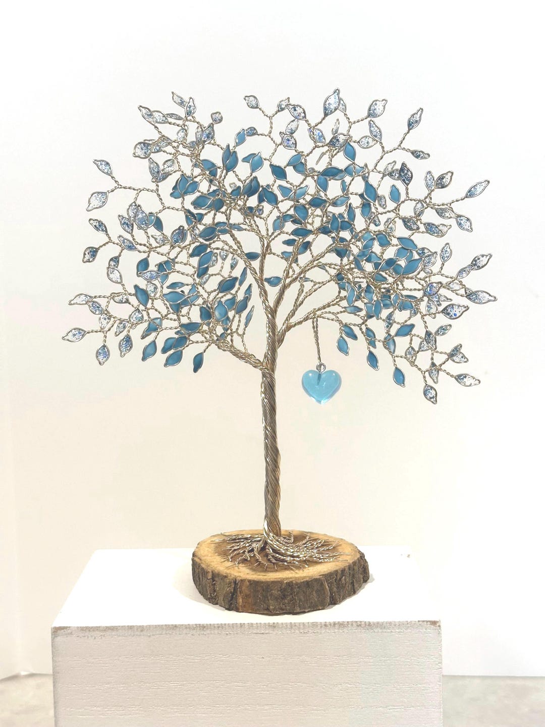 Handmade KC Gold Aluminum Wire Tree Sculpture: Blue Handpainted Leaves ...
