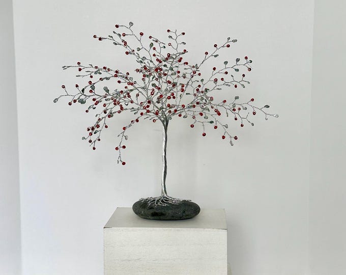 Handmade Silver Wire Tree Sculpture: Red Glass Beads, Handpainted ...