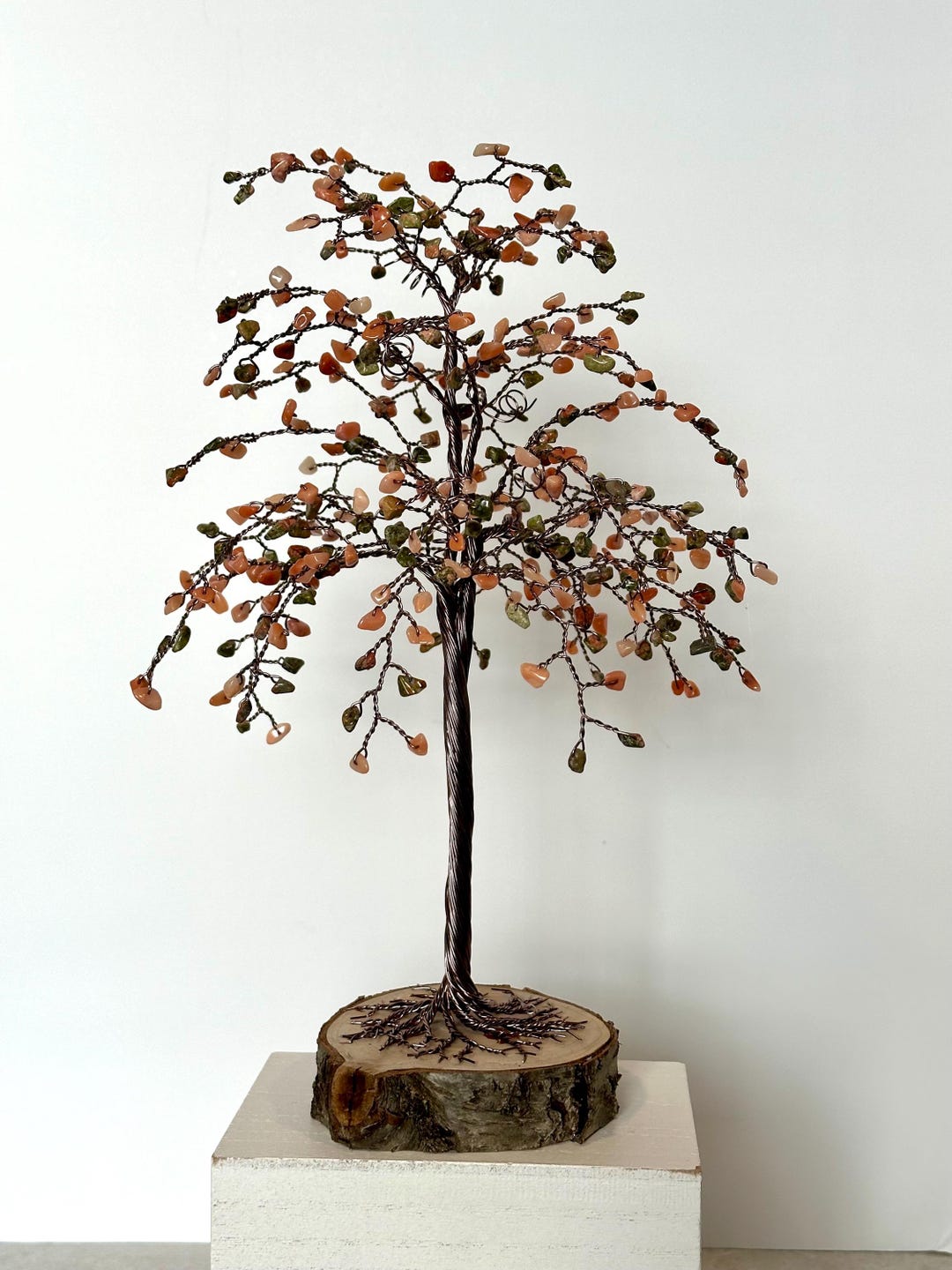 Bronze Wire Tree Sculpture: Ukanite & Aventurine Gemstones, Wood Slice ...