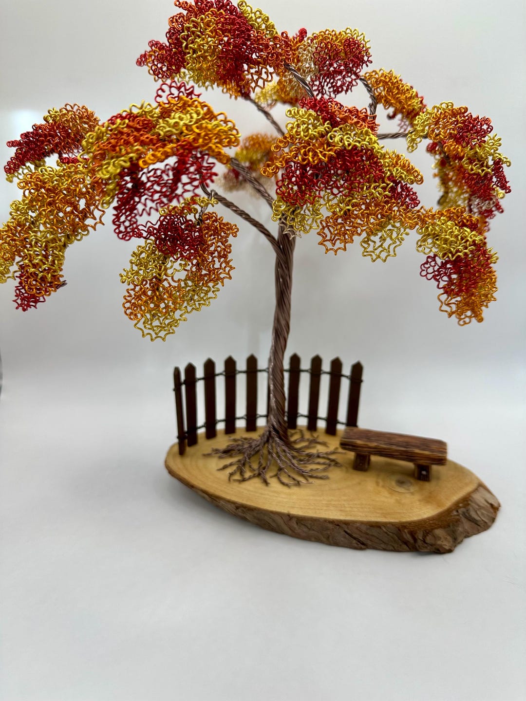 Handmade Wire Bonsai Tree Sculpture: Fall Colors, Wood Slice Decor - Etsy