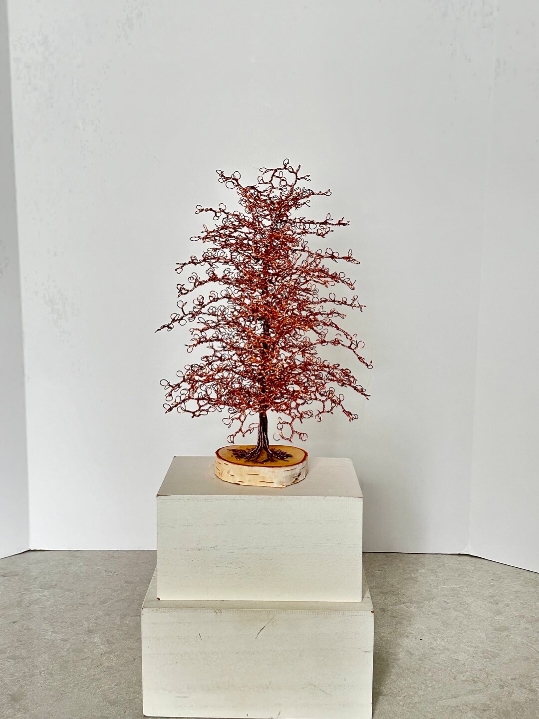 Copper & Bronze Wire Hand Twisted Pine Tree on White Birch Slice - Etsy