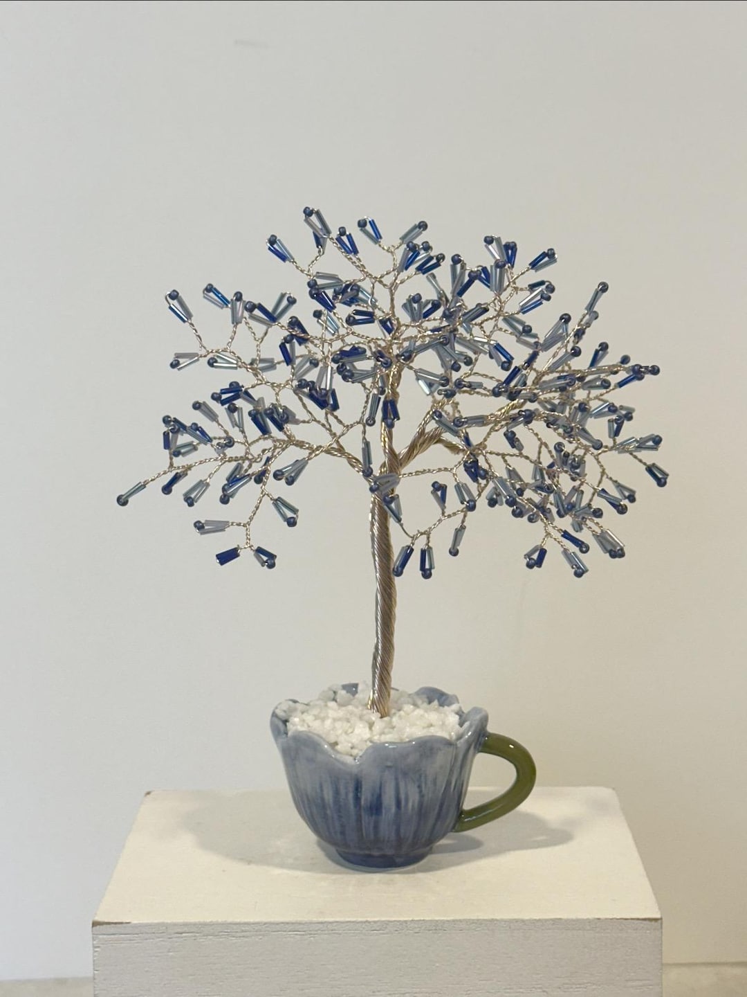 Handmade KC Gold Aluminum Wire Tree Sculpture: Blue Glass Beaded Leaves ...