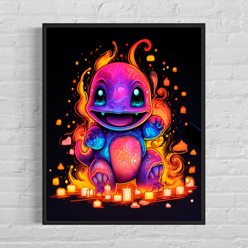Neon Baby Charmander Wall Decor, Animated Pokemon Charmander Art Print ...