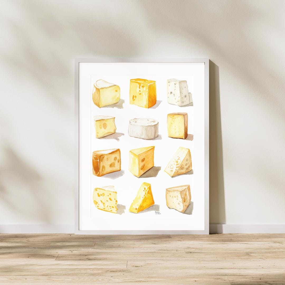 Watercolour Cheese Poster - Set of 12 Cheese Prints - Bar Kitchen Wall ...