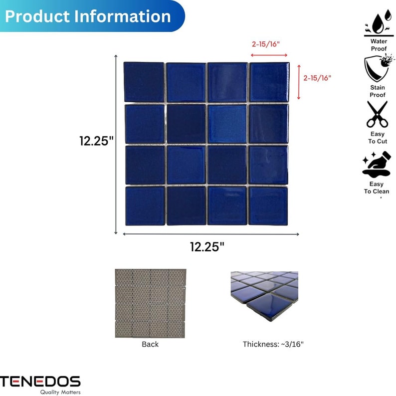 Premium Quality 3x3 Cobalt Blue Square Pattern Porcelain Mosaic Floor ...