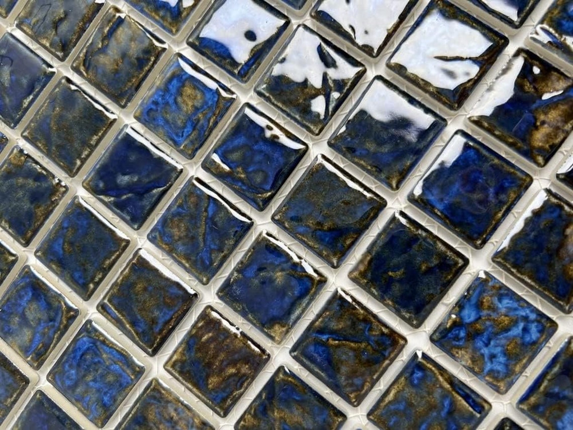 Storm Blue 1 Inch Square Wavy 1x1 Floor Wall Porcelain Mosaic Pool Tile ...