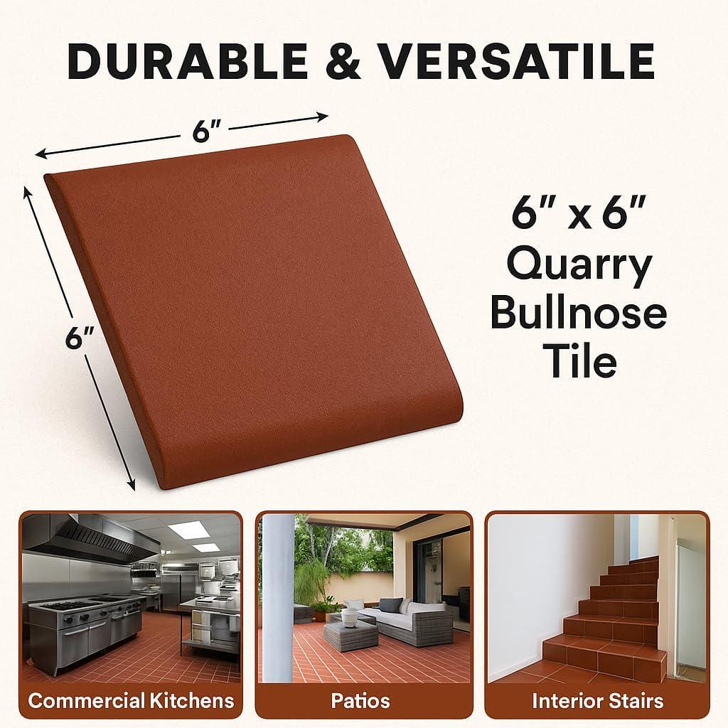 6x6 Colonial Red Smooth Quarry Bullnose Tile - Commercial Grade Sample ...