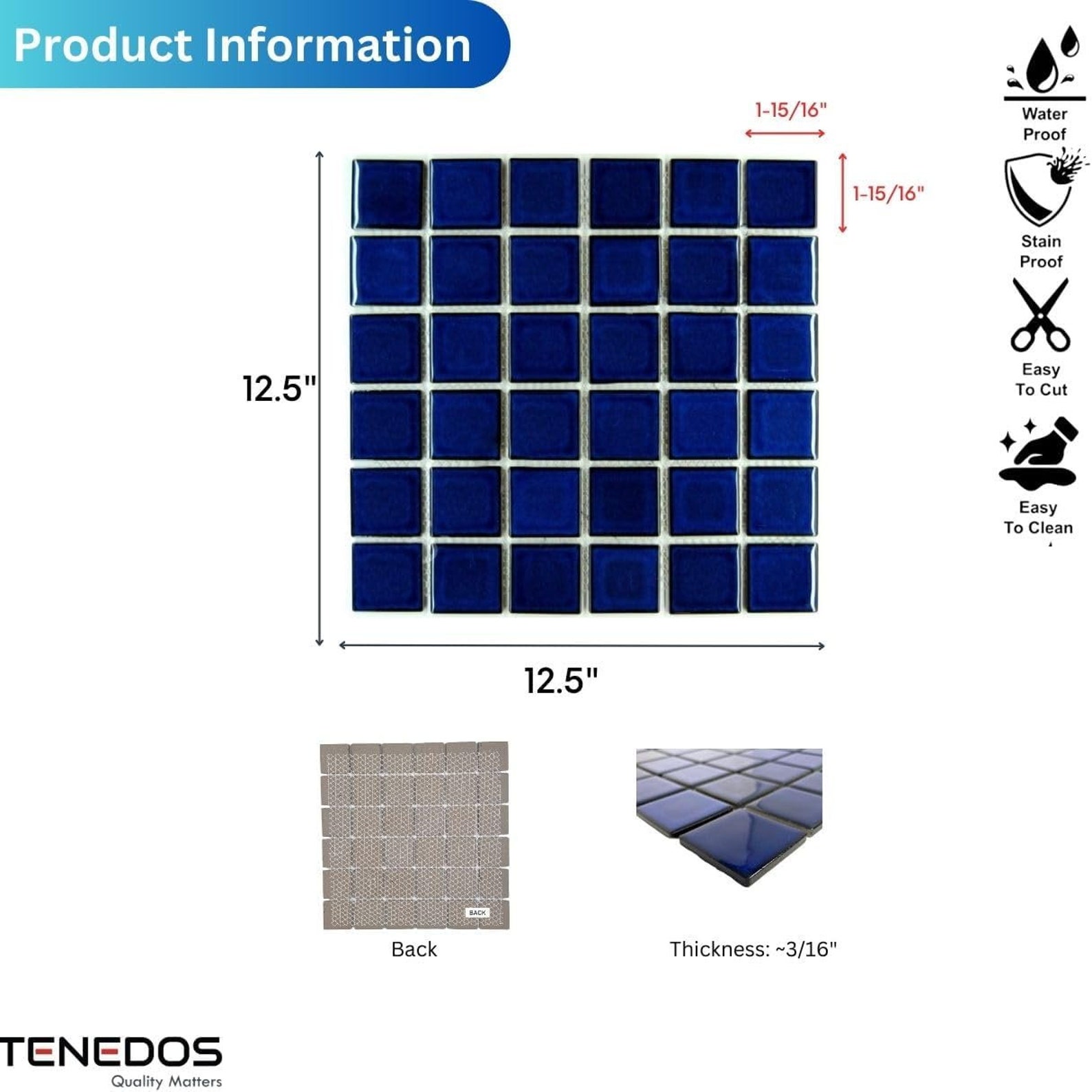 Tenedos Premium Quality Cobalt Blue Porcelain Square Mosaic Floor Wall ...