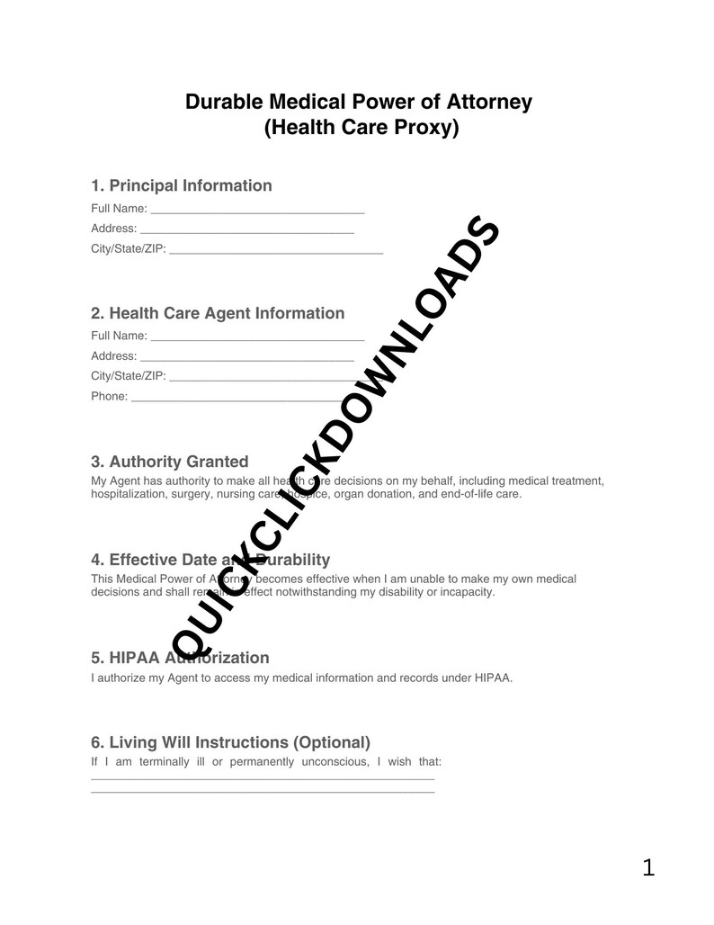 Medical Power of Attorney Form | Printable Healthcare POA | Advance ...