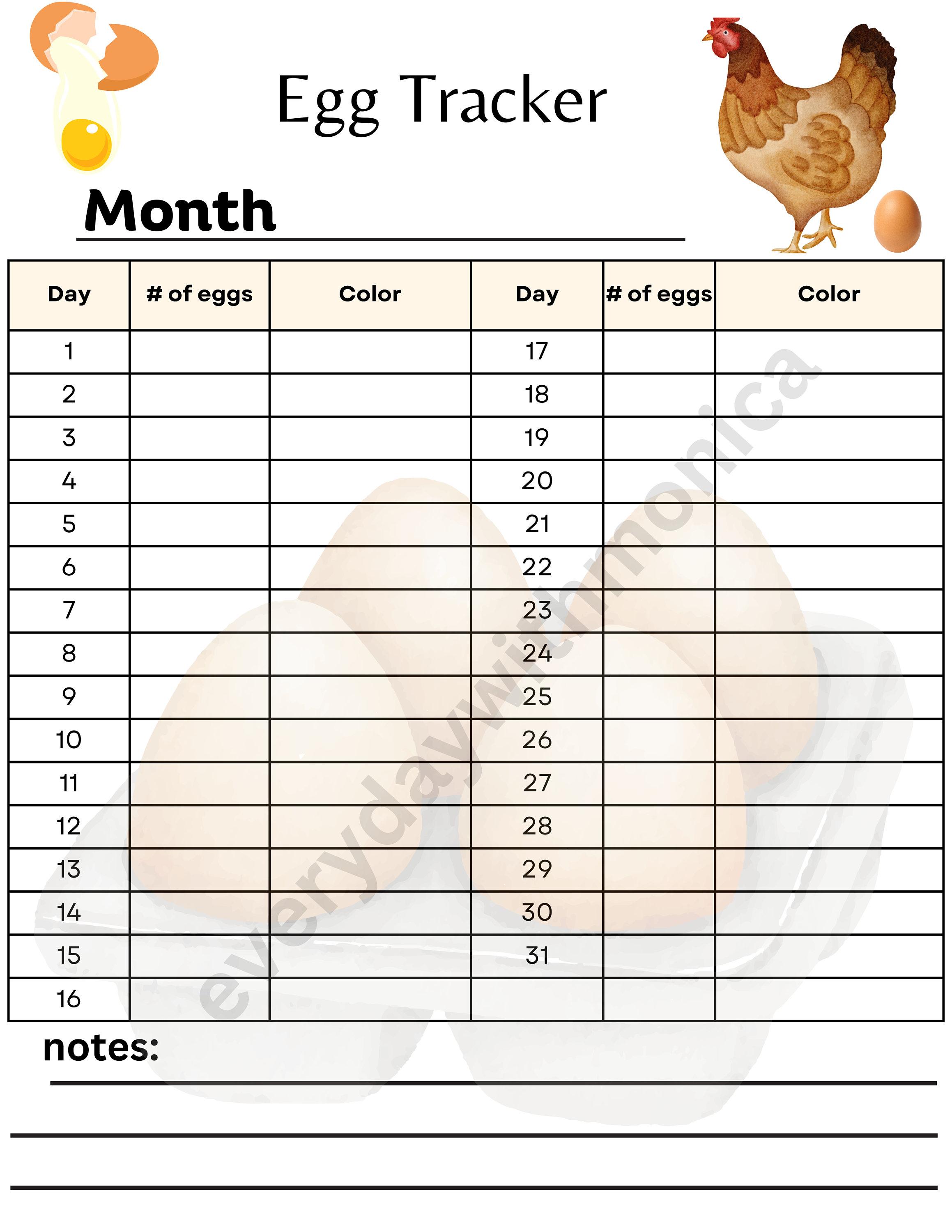 Printable Egg Tracker - Back Yard Chicken Egg Tracker, Homestead ...