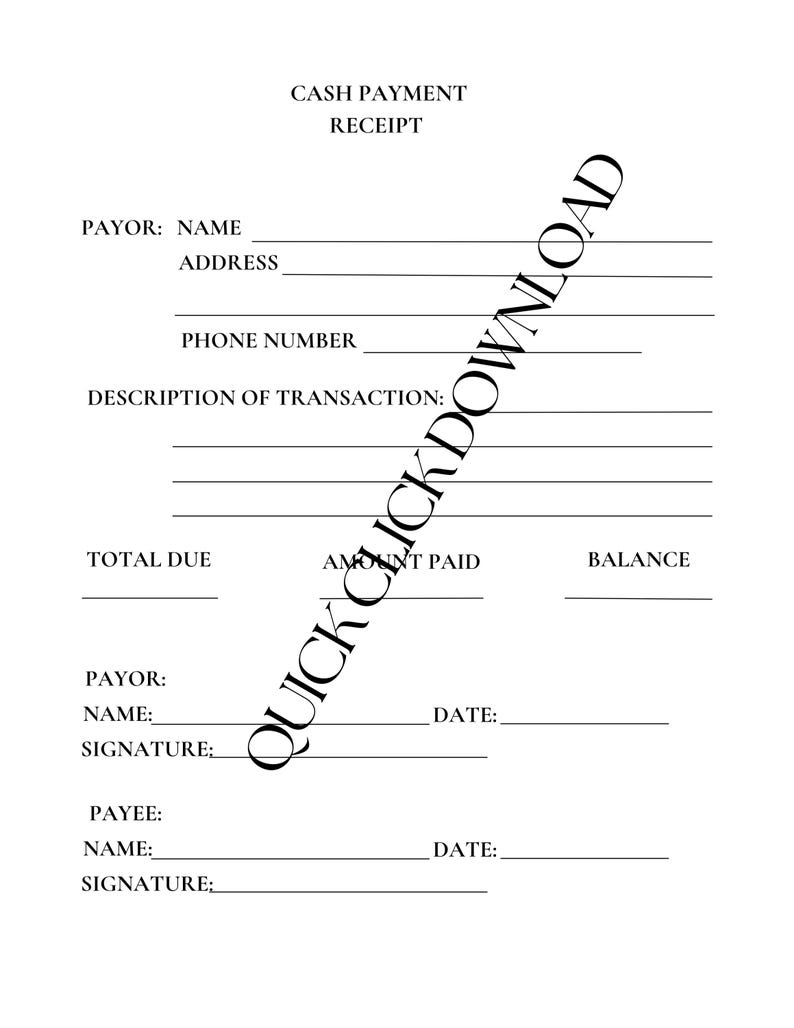 Cash Payment Receipt Template: US Letter (PDF) - Etsy