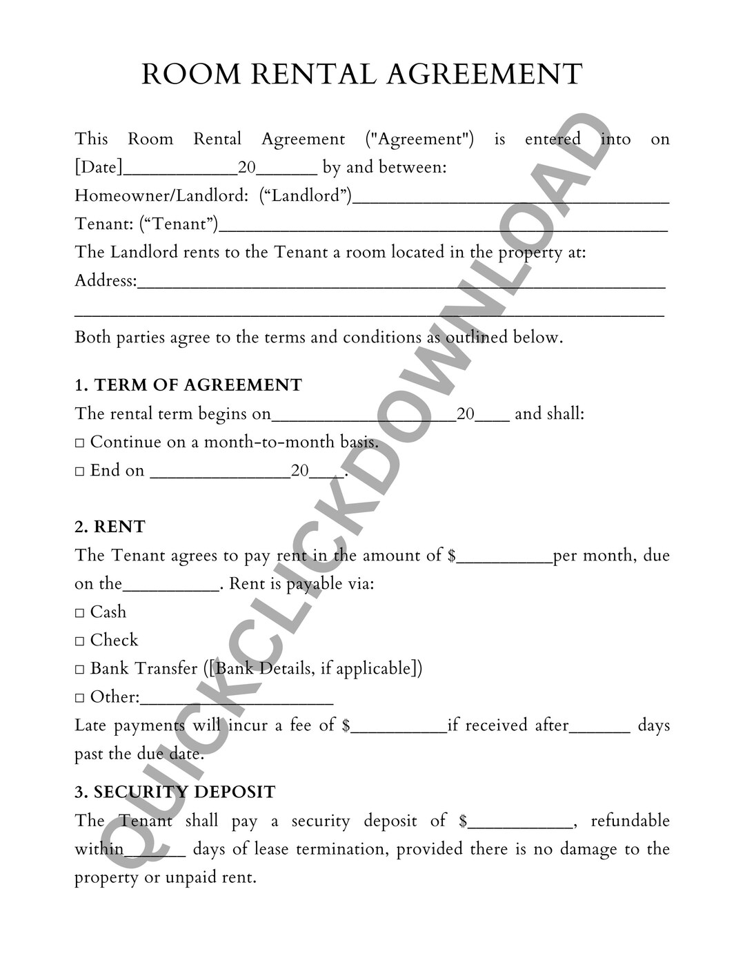 Room Rental Agreement & Cash Payment Receipt – Easy, Printable Legal ...