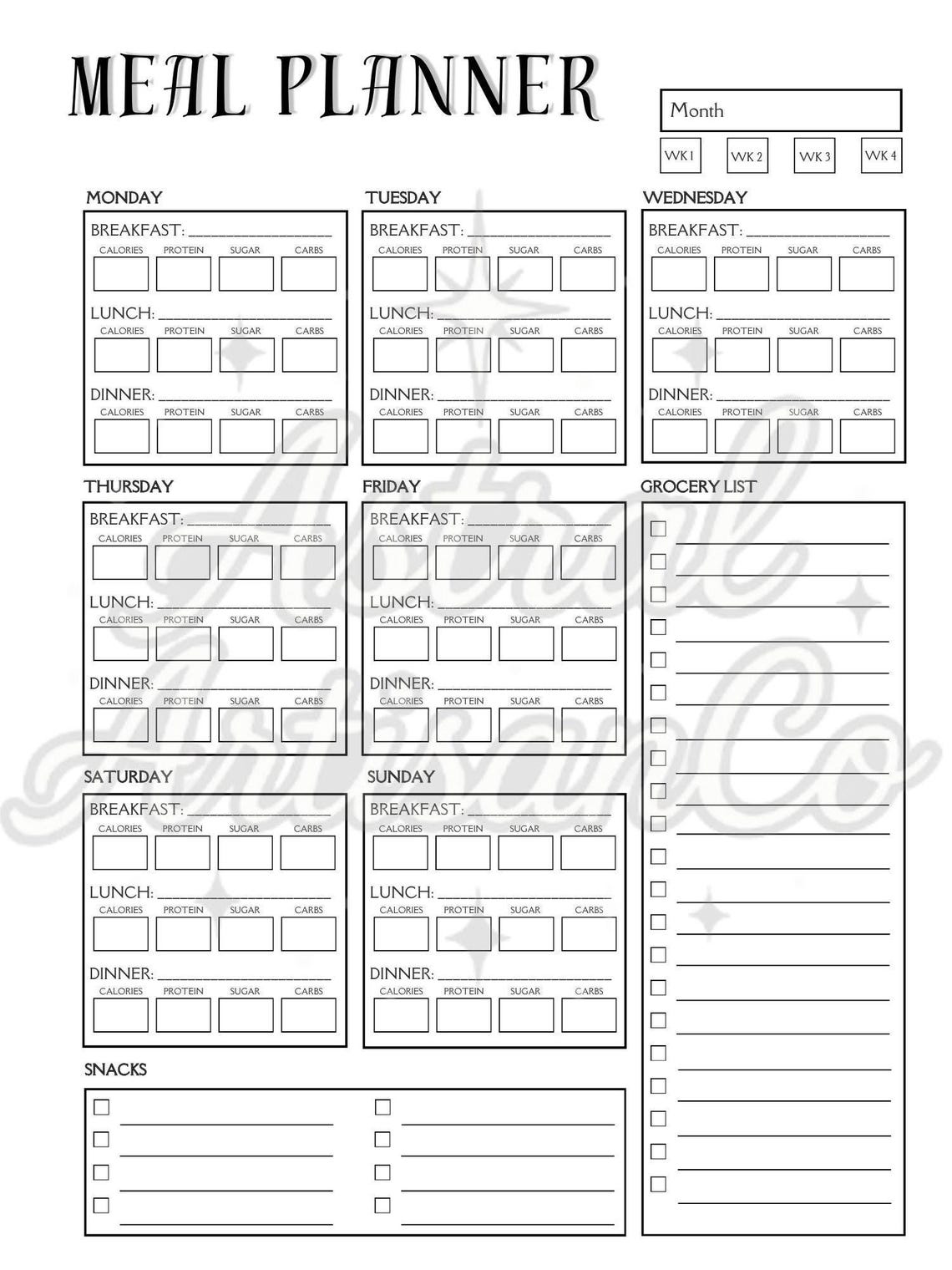 Monotone Digital Weekly Meal Planner - Etsy