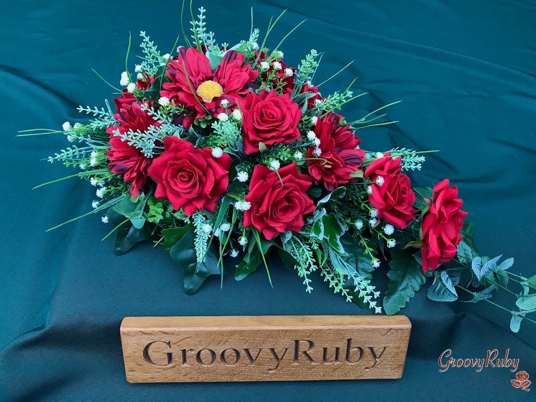 Crimson Dawn, Artificial Spray Funeral Flowers Coffin Topper Memorial ...
