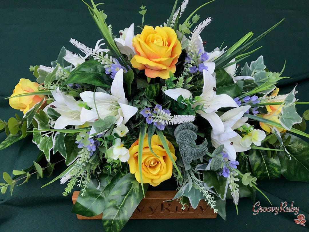 Golden Lily Garden, Artificial Casket Spray Funeral Flowers Coffin ...