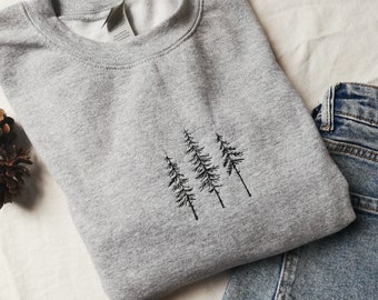 Pine Tree Trio Embroidered Crewneck Sweatshirt, Winter Sweater ...