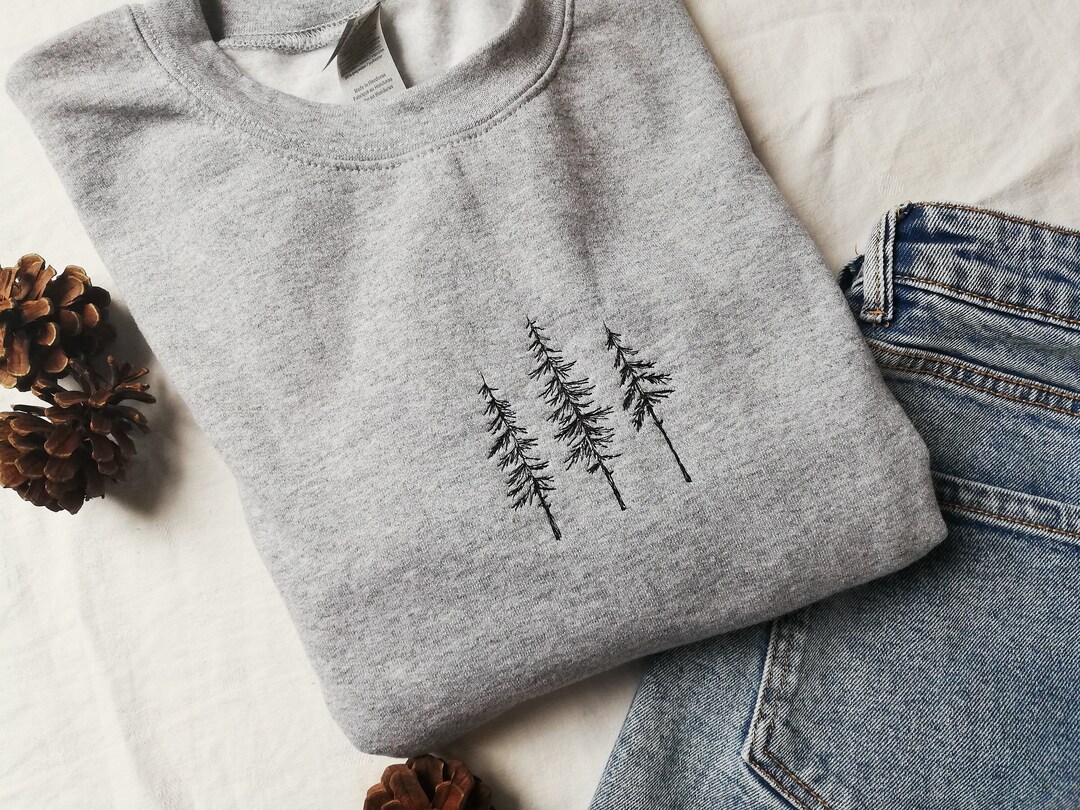 Embroidered Pine Tree Sweatshirt, Nature Embroidery Crewneck,cozy ...