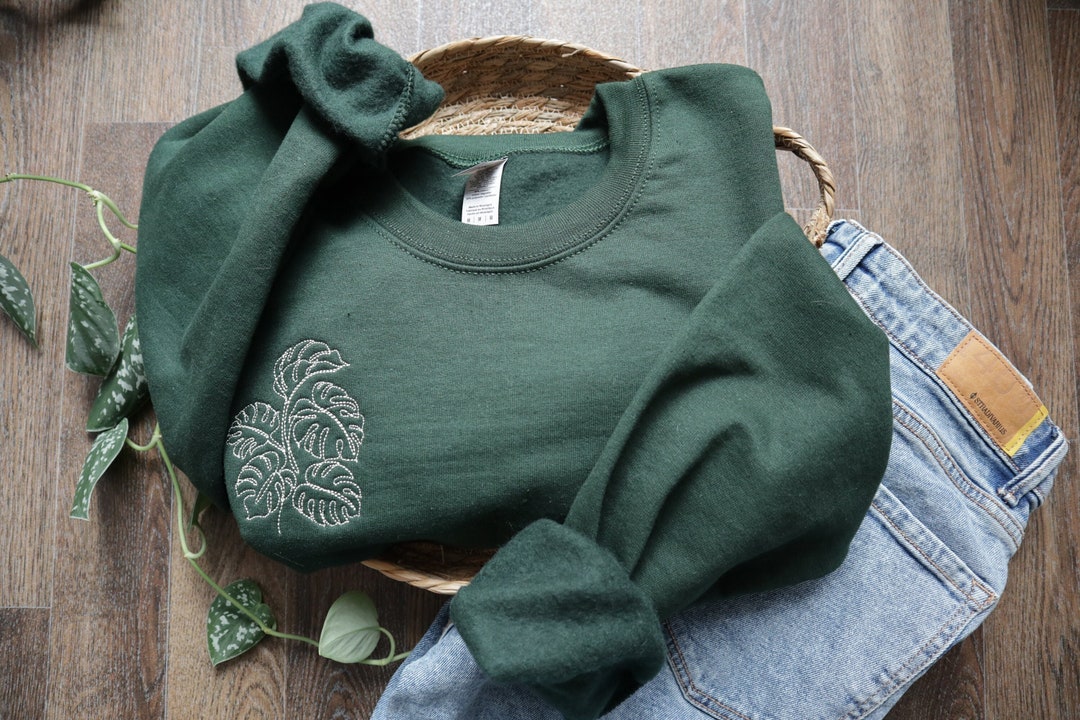 Embroidered Monstera Plant Sweatshirt, Embroidery Houseplant Crewneck ...