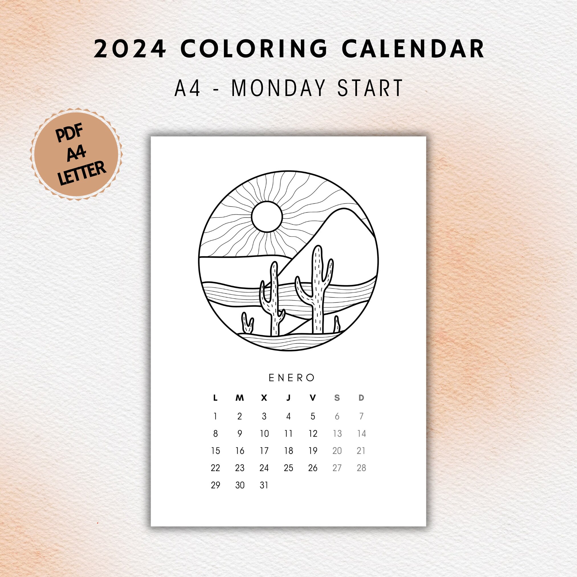 Boho Coloring Calendar 2024, Nature Coloring Calendar, 2024 Monthly ...