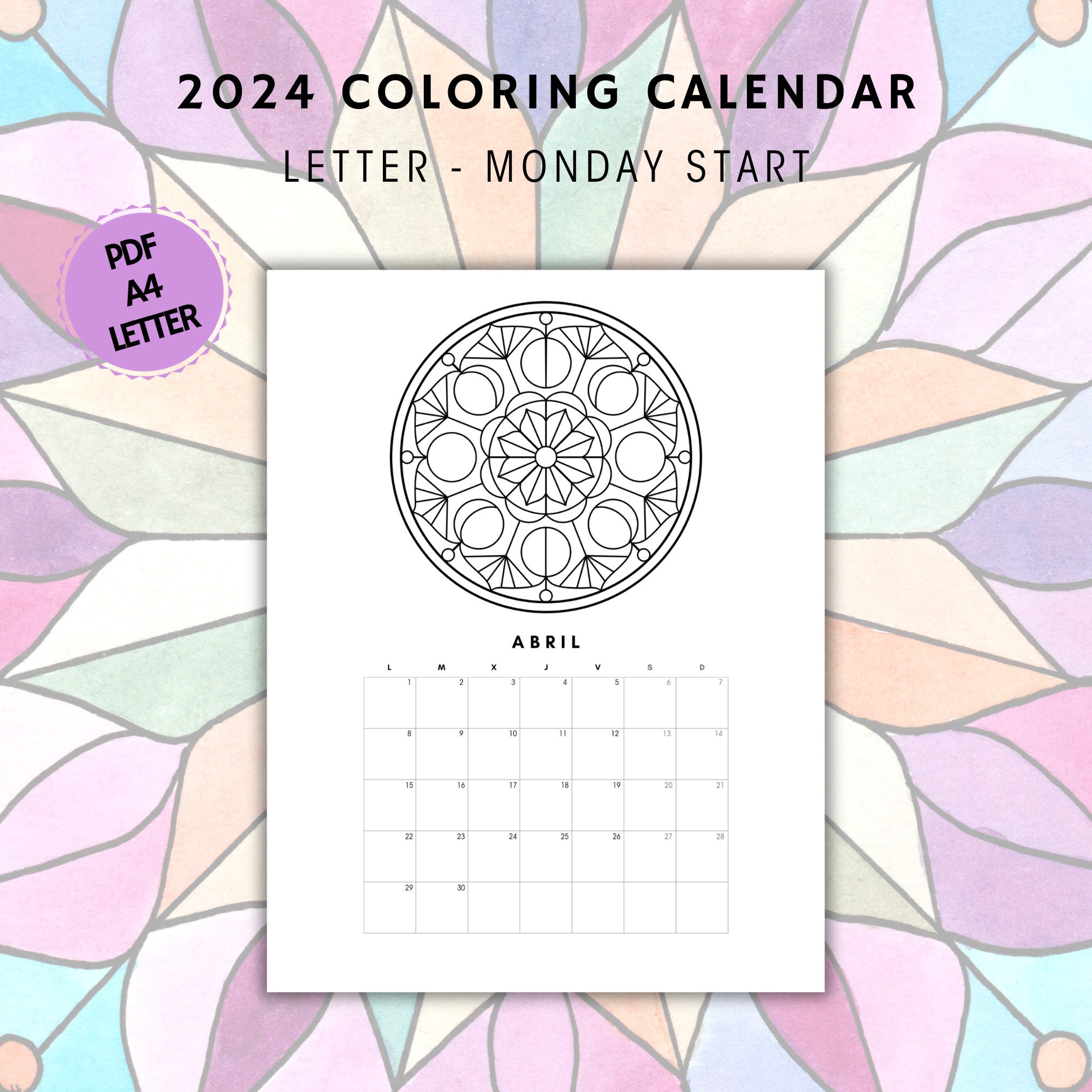 Mandala Coloring Calendar 2024, Mandala Coloring Pages, 2024 Mandala ...